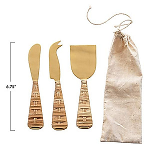 Creative Co-Op Cheese Knives with Rattan Handles, Gold Finish, Set of 3 Knife, 6.5" x 6.75"