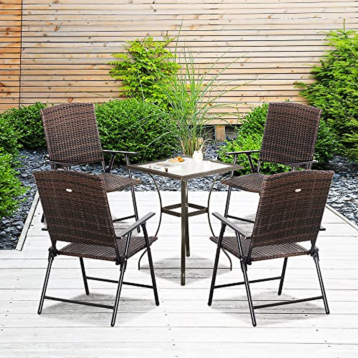 Outsunny PE Plastic Rattan Folding Chair Set, 4 Pack, Outdoor Wicker Seats w/Armrests, Steel Frame, Mixed Brown