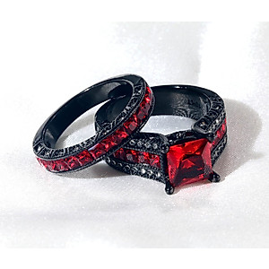 ringheart 2 Rings His and Her Ring Couple Rings Matching Ring 1.5ct Red CZ Womens Wedding Ring Sets Titanium steel Mens Wedding Bands