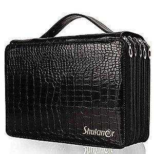 Shulaner 160 Slots Gel Pen or Colored Pencil Case with Zipper Closure Large Capacity PU Leather Pen Organizer for Student or Artist Black