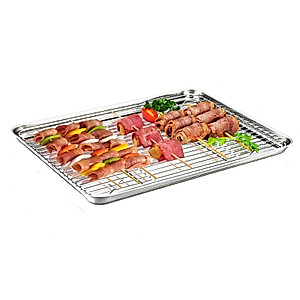 TeamFar Baking Sheet with Rack Set, Stainless Steel Baking Pan Tray Cookie Sheet with Cooling Rack, Non Toxic & Healthy, Easy Clean & Dishwasher Safe