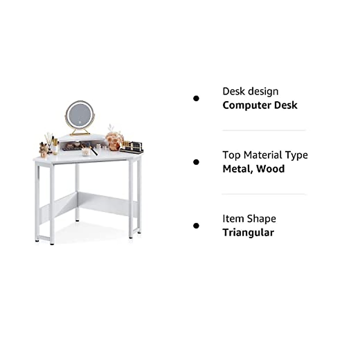ODK Corner Desk Space Saving Small Desk with Sturdy Steel Frame, Computer Desk with Monitor Stand for Small Space, Easy Assembly Triangle Vanity Desk with Durable Wooden Desktop (White)