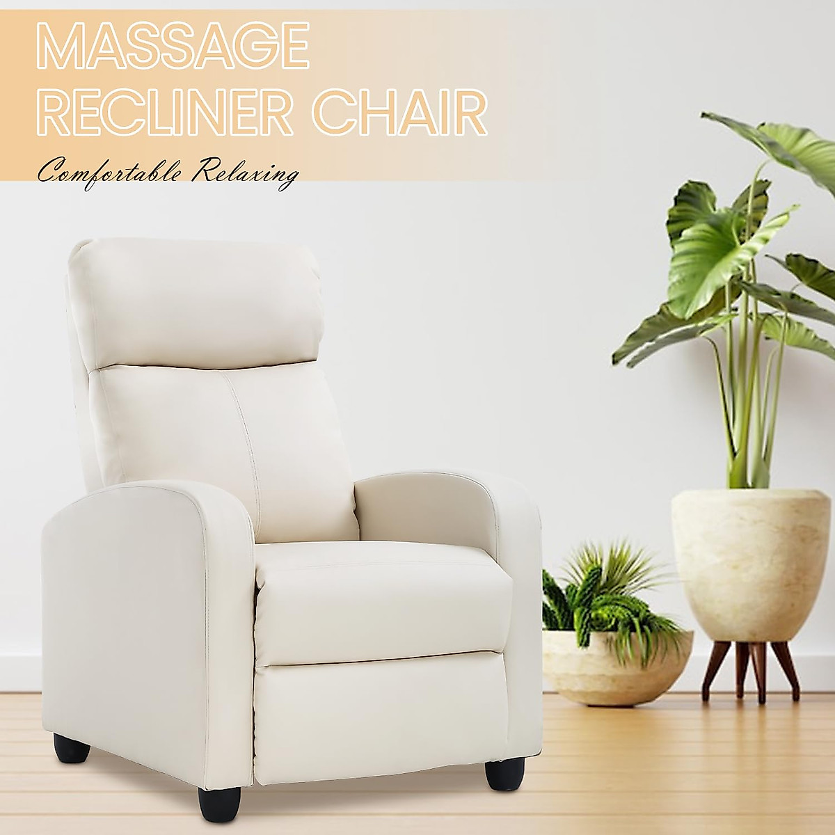 Dopinmin Recliner Chair Breathable Padded PU Leather Massage Single Sofa Recliners for Small Recliner Chair with Footrest Home Theater Seating for Bedroom Living Room,Beige