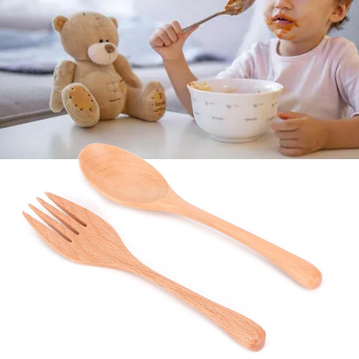 Alvinlite 2Pcs (1 Set) Wood Soup Spoons And Forks Sets, Natural Wood Eating Utensils Wooden Flatware Set, Eco Friendly Wood Cutlery Wooden Dinner Fork And Spoon, 1 Spoons and 1 Forks