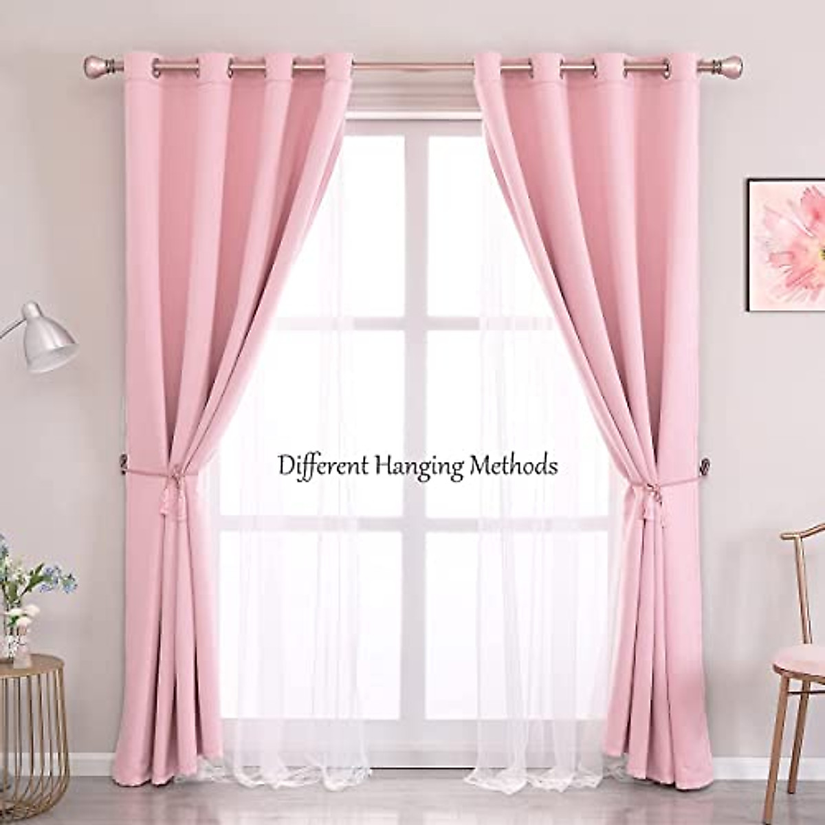 SOFJAGETQ Double Layered Blackout Pink Curtains - Princess Girls Curtains & Draperies Panels for Kids Bedroom Living Room Nursery Pink Lace Hem Room Darkening Curtains, 52x84 inches, 2 PCs