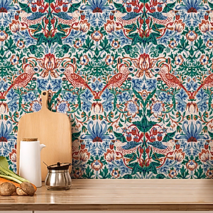 JiffDiff Vintage Wallpaper Peel and Stick Watercolor Floral Botanical Morris Wallpaper Strawberry Thief Easy Peel Off Wallpaper for Bedroom Mural Wall Decor Self-Adhesive 17.7in x 9.8ft