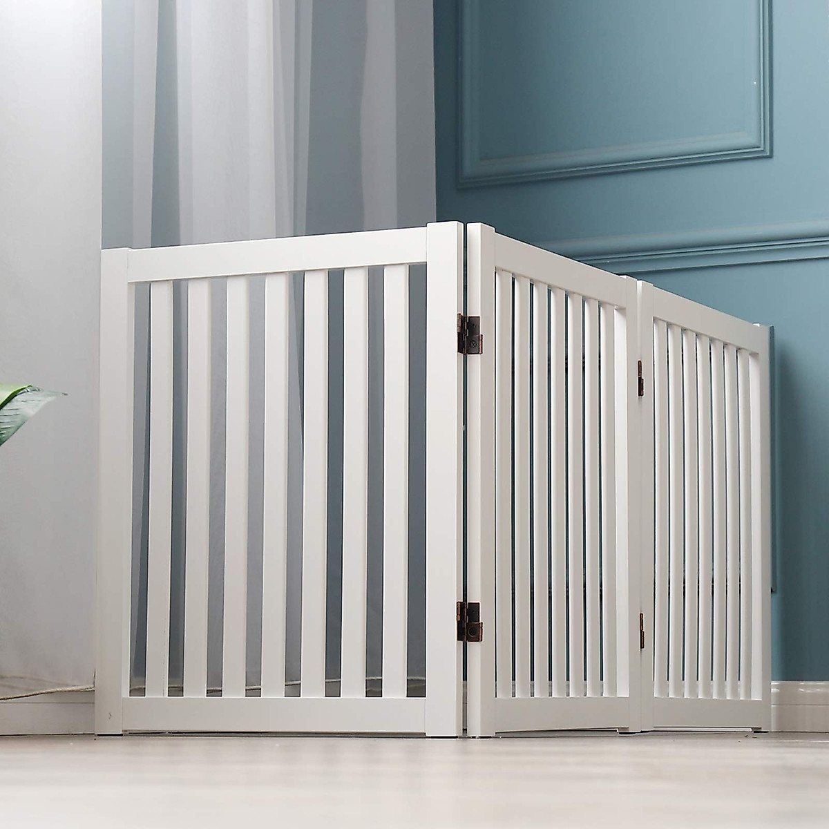 WELLAND Wooden Freestanding Pet Gate, 24 Inch 3 Panel Step Over Fence, Expands Up to 60" Wide, Foldable Indoor Dog Gate Puppy Safety Fence, White