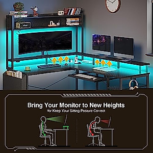 Rolanstar L Shaped Gaming Desk, 90.5“ Computer Desk with Monitor Stand & Hutch, Home Office Desk with LED Lights & Power Outlets, Corner Desk with Keyboard Tray, Carbon Fiber Black