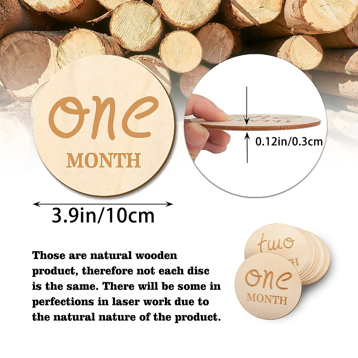 12 PCS Wooden Baby Monthly Milestone - Milestone Photo Cards, 1-12 Months Wood Milestone Disc Set, Birth Announcement Sign for First Year Picture Props, 4 inch Diameter