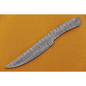 Knife Making, Damascus Steel Blank Blade 11 inches Long Hand Forged Trailing Point Skinning Knife, Hunting Knife with 3 Pin Hole, 6 inches Cutting Edge, 4.5" Scale Space
