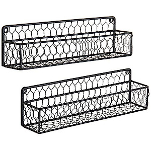MyGift Wall Spice Racks, 12-Inch Black Chicken Wire Hanging Kitchen Seasoning Condiment Organizer Shelf, Set of 2