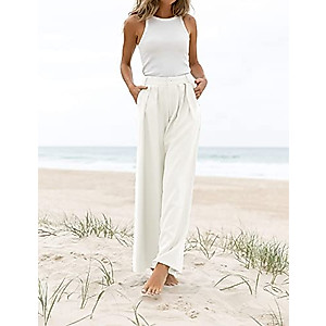 SIFLIF Women's High Waist Casual Wide Leg Palazzo Pants, Dress Pants for Women, Work Pants with Pockets for Women Office. White