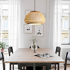 KWOKING Lighting Handmade Flush Mount Ceiling Light Retro Bamboo Dome Shade Pendant Light 1 Light Woven Hanging Lamp for Dining Table,Restaurant - 23.5"