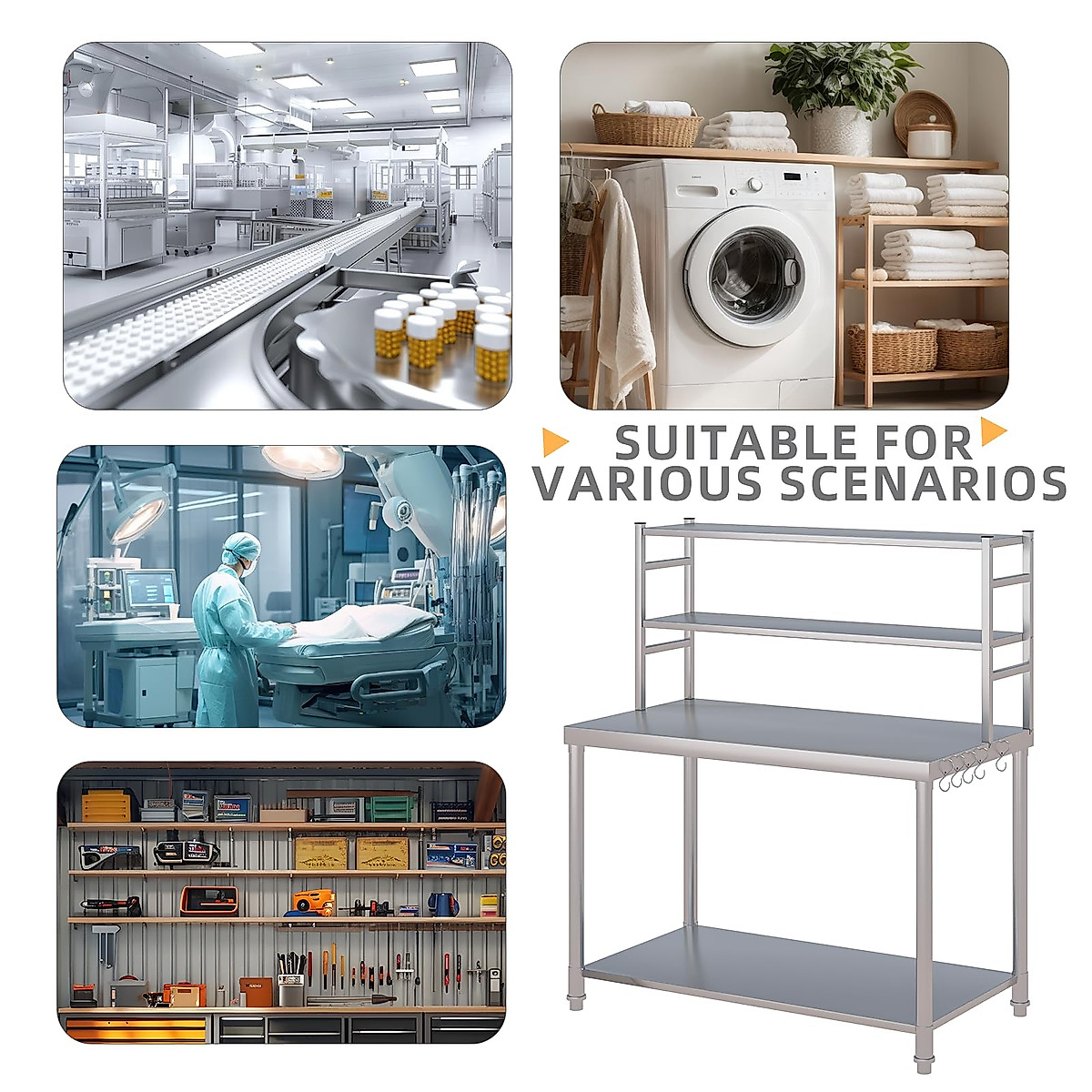 Stainless Steel Table 48×24 Inches Metal Work Table Undershelves and Overshelves, Commercial Workstations, Utility Table for Home Kitchen Restaurant Garage Laundry Room Outdoor