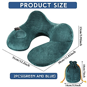 Xtinmee 2Pcs Self-Inflatable Pillow Soft Airplane Travel Pillow with Compact Bag for Long Flight Neck Cushion for Head Support Car Home Office 12.2x11.81x5.91in(Peacock Green, Blue)