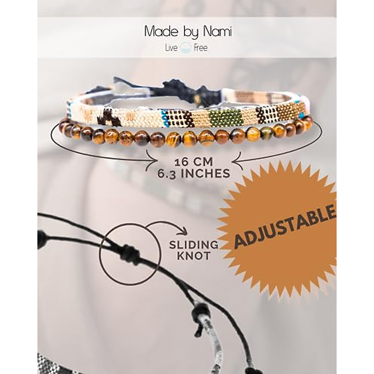 2x Boho Surfer Bracelet Set Women & Men - Handmade Summer Beach Bracelets - Adjustable & 100% Waterproof - Festival Accessories - Beaded & Braided (Tiger-Eyes & Safari)