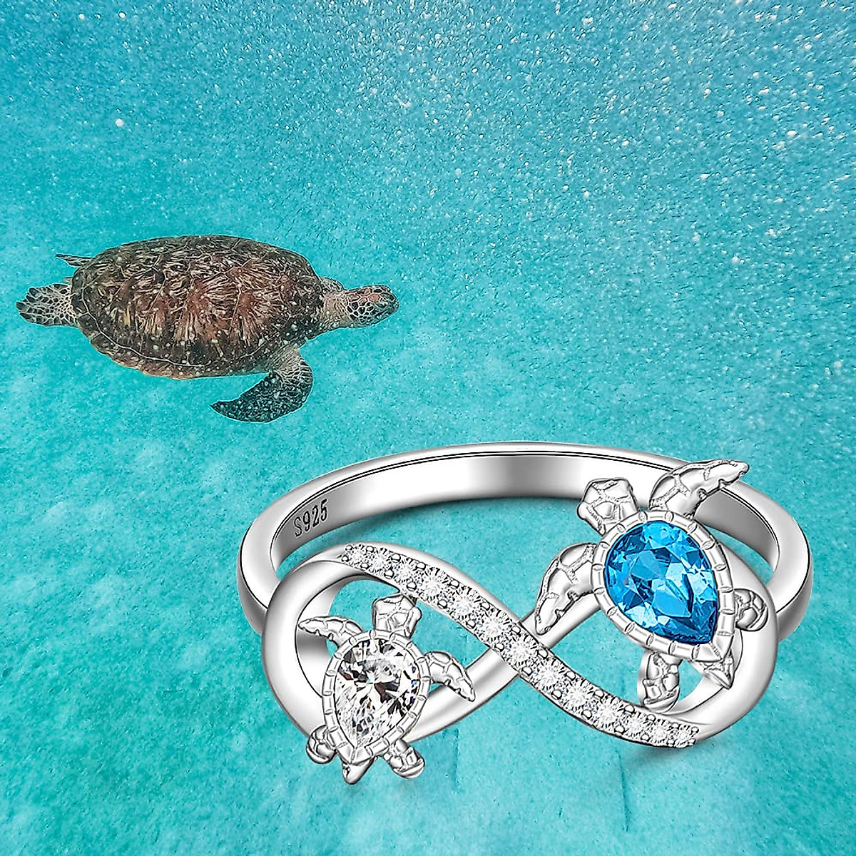 Turtle Ring Sterling Silver Infinity Rings for Women Mother Daughter Blue Sapphire Ocean Wave Longevity Sea Turtle Jewelry Gifts Size 6