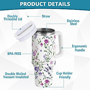 ALAZA Cute Flowers 40 oz Tumbler Water Bottle with Straw Lid and Handle,Reusable Insulated Stainless Steel Cup for Women Men Travel Car Cup Holder