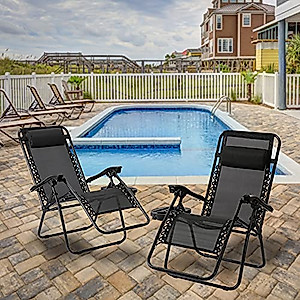 Zero Gravity Chairs Patio Set of 2 Reclining Beach Chair Adjustable Steel Mesh Lounge Recliners w/Pillows and Cup Holder Trays for Poolside, Backyard, Camping, Black