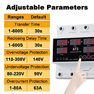 Automatic Transfer Switch,Automatic Switching Between Utility Power、Generator and Inverter,Overcurrent Protection,Overvoltage and undervoltage Protection,63A
