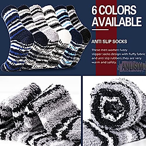 Anlisim Fuzzy Slipper Socks for Men Women Fluffy Cozy Cabin Fleece Warm Winter Sleep Home Comfy Plush Sherpa Non Slip Skid Hospital Socks with Grips Gift Socks Stocking Stuffers 6 Pairs (Striped C)