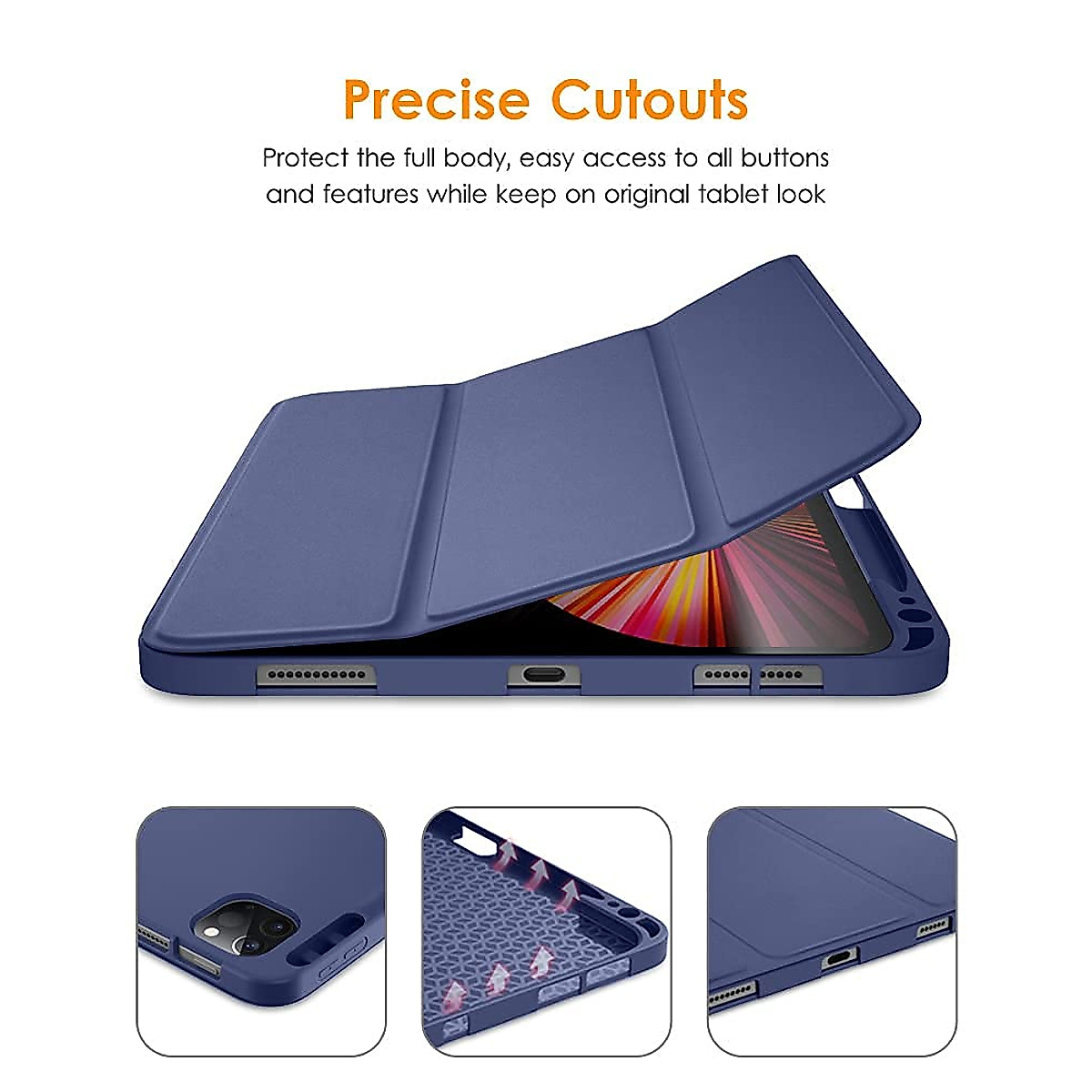 DTTO for iPad Pro 11 inch 4th/3rd/2nd/1st Generation 2022/2021/2020/2018 Case, Smart Slim Trifold Stand Soft TPU Back Cover with Built-in Pencil Holder, Also Fit iPad Air 5/4,Navy Blue