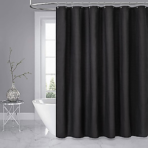 Dynamene Black Fabric Shower Curtain - Waffle Textured Heavy Duty Cloth Shower Curtains for Bathroom, 256GSM Hotel Spa Luxury Weighted Polyester Bath Curtain Set with 12 Plastic Hooks(72Wx72H, Black)