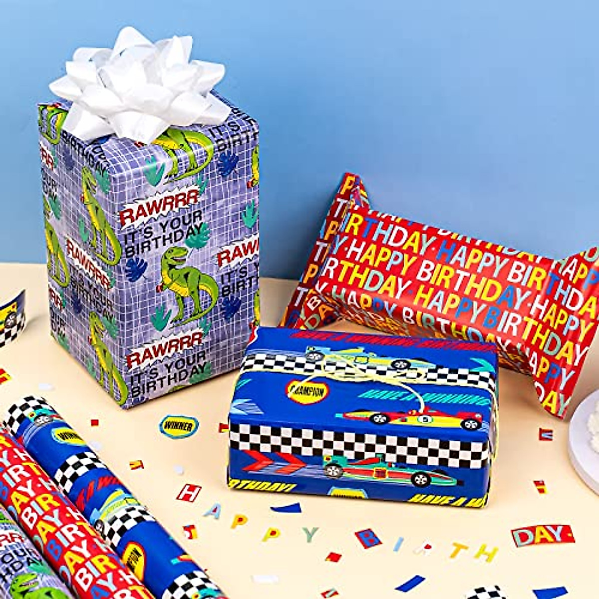 WRAPAHOLIC Birthday Wrapping Paper Roll - Mini Roll - 3 Rolls - 17 Inch X 120 Inch Per Roll - Dinosaurs/Racing Car/Happy Birthday Lettering for Kid's Birthday, Baby Shower