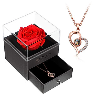 Hicarer I Love You Necklace 100 Languages Projection Heart Pendant Necklace with Red Rose Jewelry Storage Box Gifts for Christmas Mom Wife Girlfriend Wedding Birthday(Rose Gold)