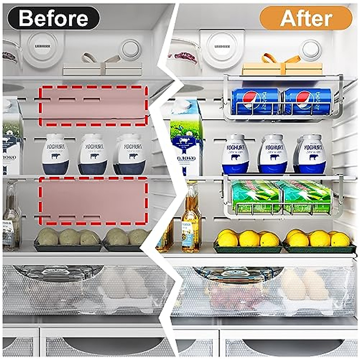 Soda Can Storage for Refrigerator, Hanging Soda Can Organizer Stainless Steel Soda Can Holder for Refrigerator Soda Can Dispenser for Fridge Can Drinks Rack Container with Adjustable Rail Design