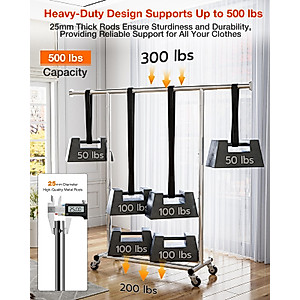 Frylr Heavy Duty Clothing Rack - Portable Metal Garment Rack with Wheels, Rolling Clothes Rack with Adjustable Hanging Rods, and Free Standing Design, Silver