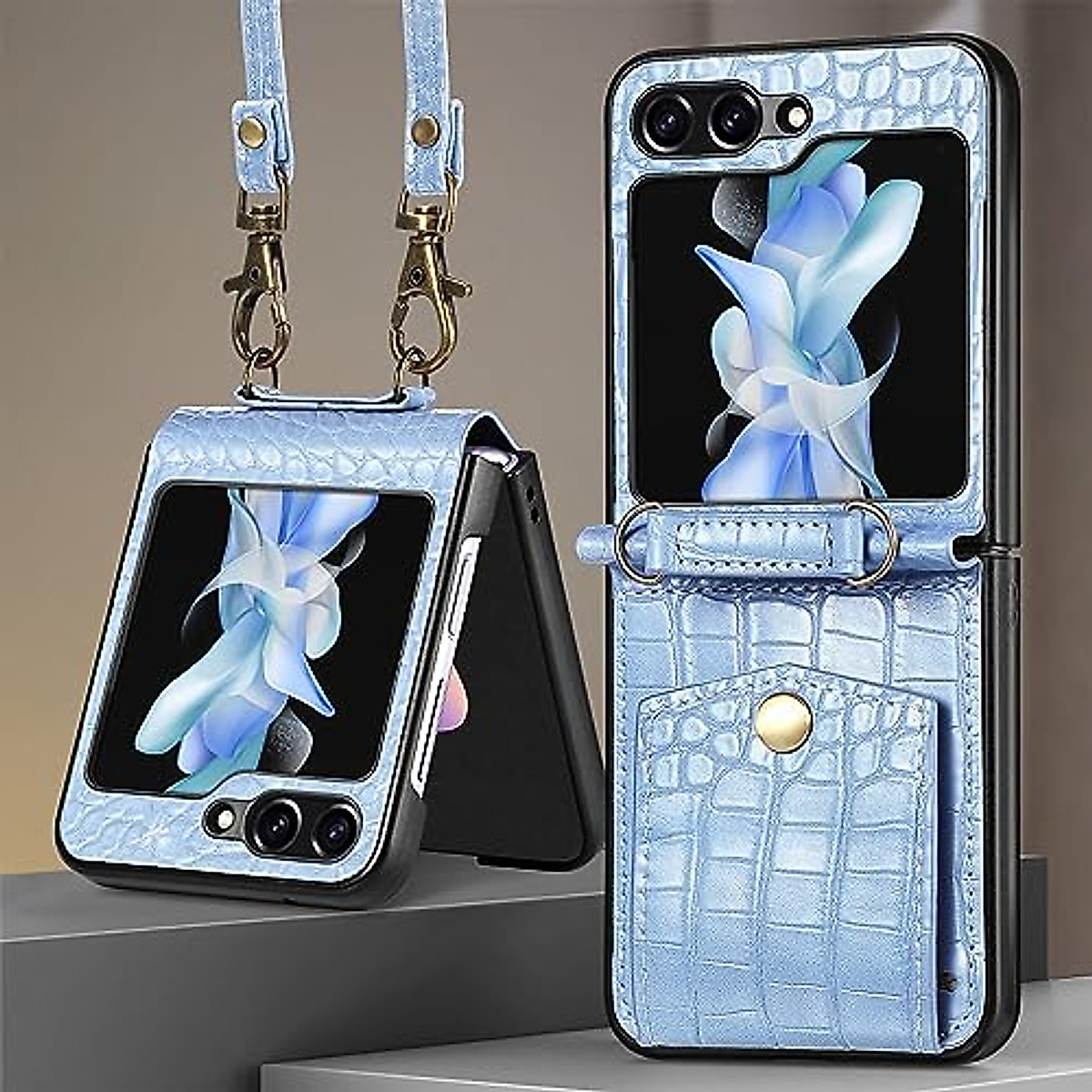 phone protective flip case 2 in 1 Wallet Case Compatible with Samsung Galaxy Z Flip 5 Wallet Case with Card Holder ,PU Leather Protective Flip Phone Cover Fashion Crossbody Strap Phone Case Protective