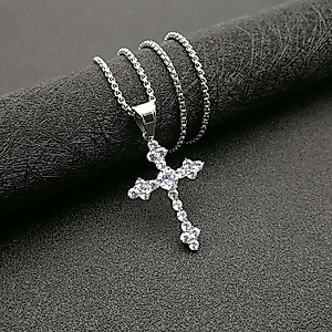 Ropartman Silver Cross Necklace for Women, [ 5A Cubic Zirconia ] 14K Gold Plated Stainless Steel Cross Pendant for Women, 19" necklace included