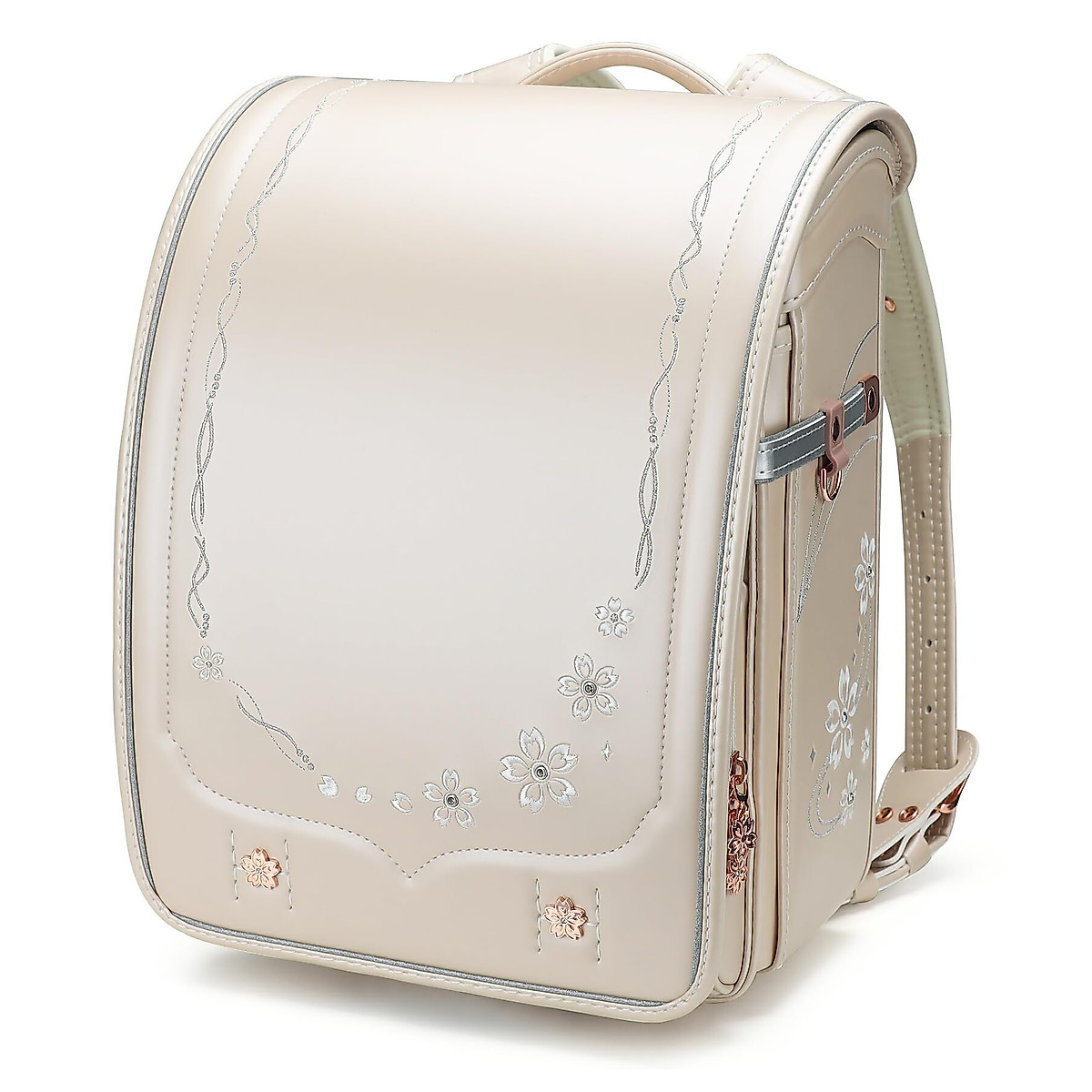 IwaiLoft Ransel Randoseru Backpack Automatic Satchel Japanese School Bag Cherry Blossom Sakura Embroidery PU Bookbag For Girls (Black)