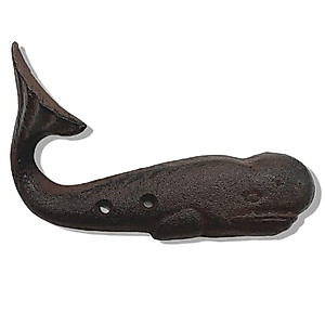 Needzo Cast Iron Nautical Whale Towel Hook Holder, Wall Mounted Hooks for Hanging Towels, Coats, and More, Rustic Coastal Bathroom Decor for Beach Houses, 5.5 Inches