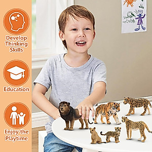 Toymany 8PCS 2-5" Plastic Jungle Animals Figures Playset Includes Baby Animals, Realistic Lion, Tiger, Cheetah, Leopard Figurines with Cubs, Cake Toppers Christmas Birthday Toy Gift for Kids Toddlers