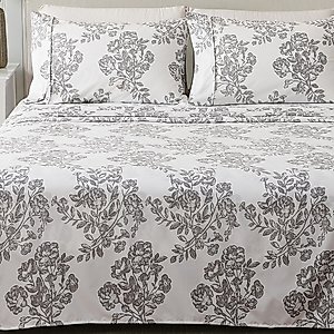 4-Piece Queen Printed Microfiber Sheet Set | Ultra-Soft, Brushed Bedding Sheets & Pillowcases | Wrinkle & Fade Resistant, All-Season Bed Sheets for Bed (Queen, Toile - Grey)