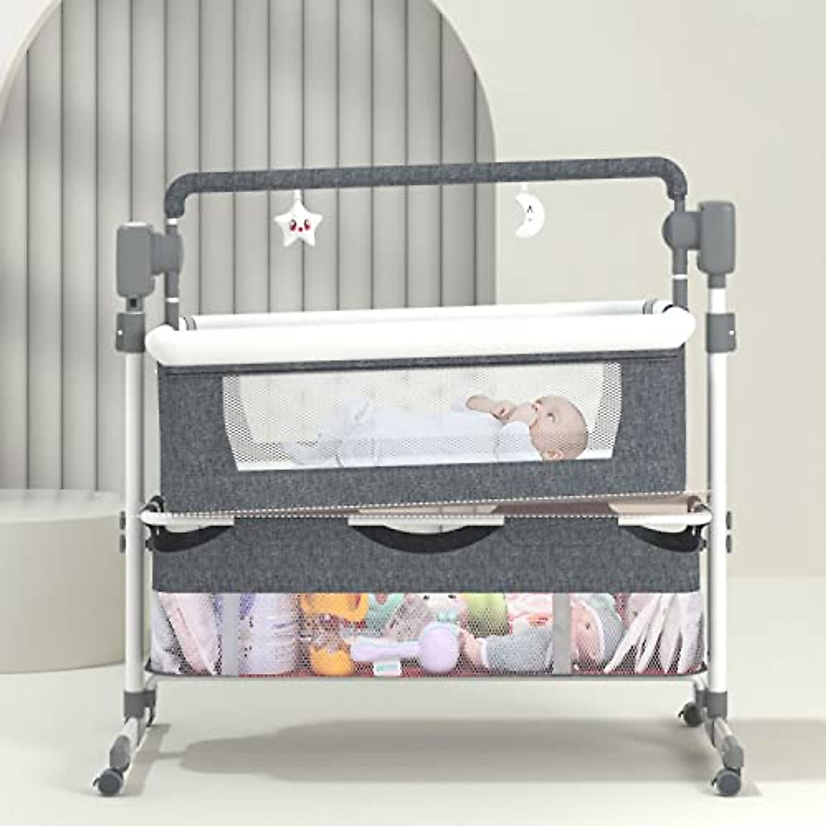 SteAnny Baby Bassinet Electric Rocking Baby Bed, Newborn Cribs with Remote, Infant Bedside Bed(Khaki/White)