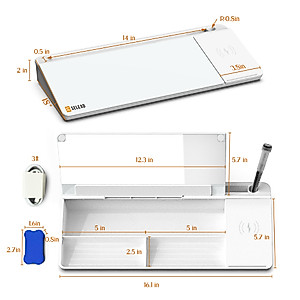 SELEAD Desktop Glass Whiteboard with Wireless Charger Station & Built-in Mirror, Dry Erase Board Computer Pad Keyboard Stand with Organizer for Home, School, Office Desk Accessories, White