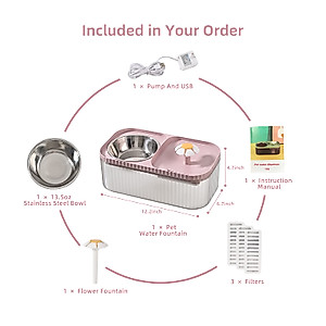 JEERAMIA Cat Water Fountain and Food Bowl, 3L/101oz Ultra Quiet Pet Water Dispenser with Smart Pump and 3 Replacement Filters, Automatic Flower Fountain & Stainless Steel Bowl for Dog & Cat (Pink)