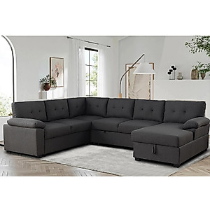Sleeper Sofa Couch Bed with Pull Out Couch Living Room Set Sectional Sleeper Sofa with Storage Chaise Modular Couch Fabric Sofa Bed in Dark Grey