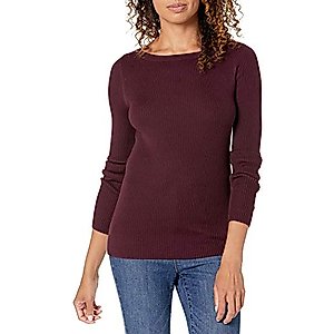 Amazon Essentials Women's Lightweight Ribbed Long-Sleeve Boat Neck Slim-Fit Sweater, Burgundy, Large