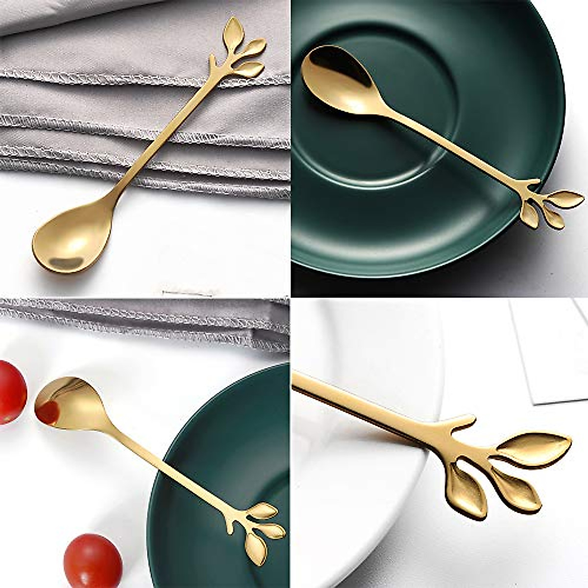 AnSaw 20-Piece Set of 4.7" Gold Leaf Mini Coffee & Dessert Spoons, Stainless Steel Demitasse Espresso & Tea Spoons - Perfect for Espresso Lovers
