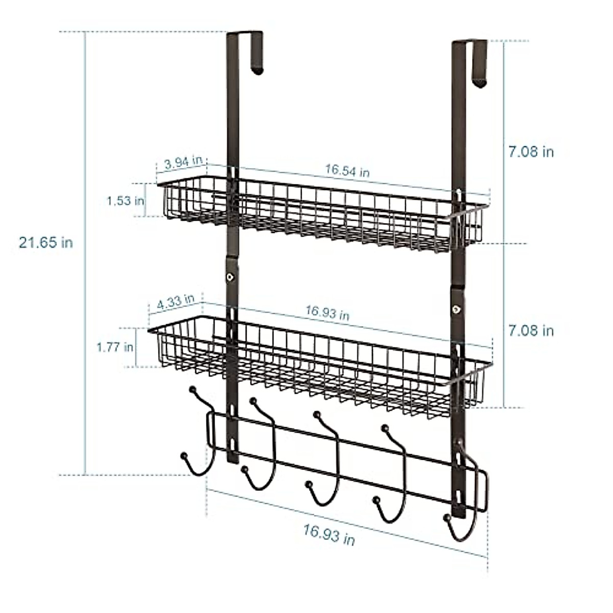 OYEAL Over The Door Hook Rack with 5 Hooks 2 Baskets Steel, Sturdy Durable Coat Rack Towel Hooks Hanging Organizer Shelves for Home Bedroom Bathroom Kitchen, Brown