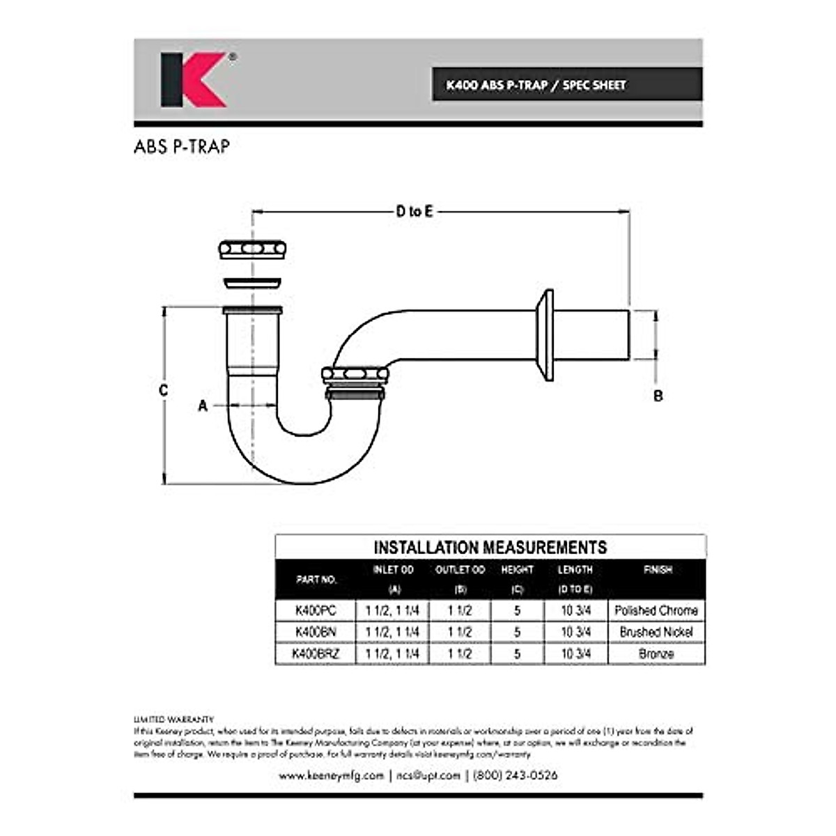 Plumb Pak K400PC 1/2 or 1 1/4, Chrome P Trap