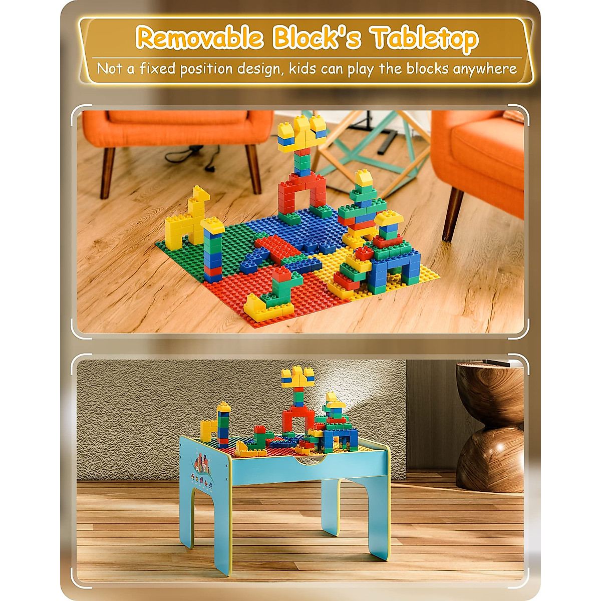 SainSmart Jr. Wooden Train Activity Table 116pcs, 3-in-1 Kids Playset with Large Building Blocks, Track Set and Reversible Top for Toddlers