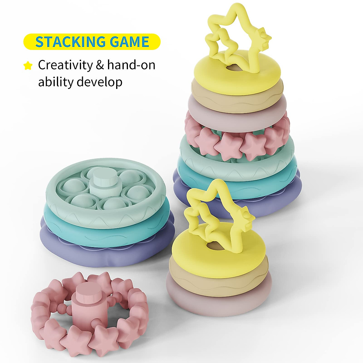 Cerberus 7 Pcs Stacking Toys Baby Blocks, Toddler Montessori Sensory Soft Rings Stacker, Development Teething Infant Toy, Learning Educational Gifts for 6 9 12 18 Months One 1 Year Old Boys Girls