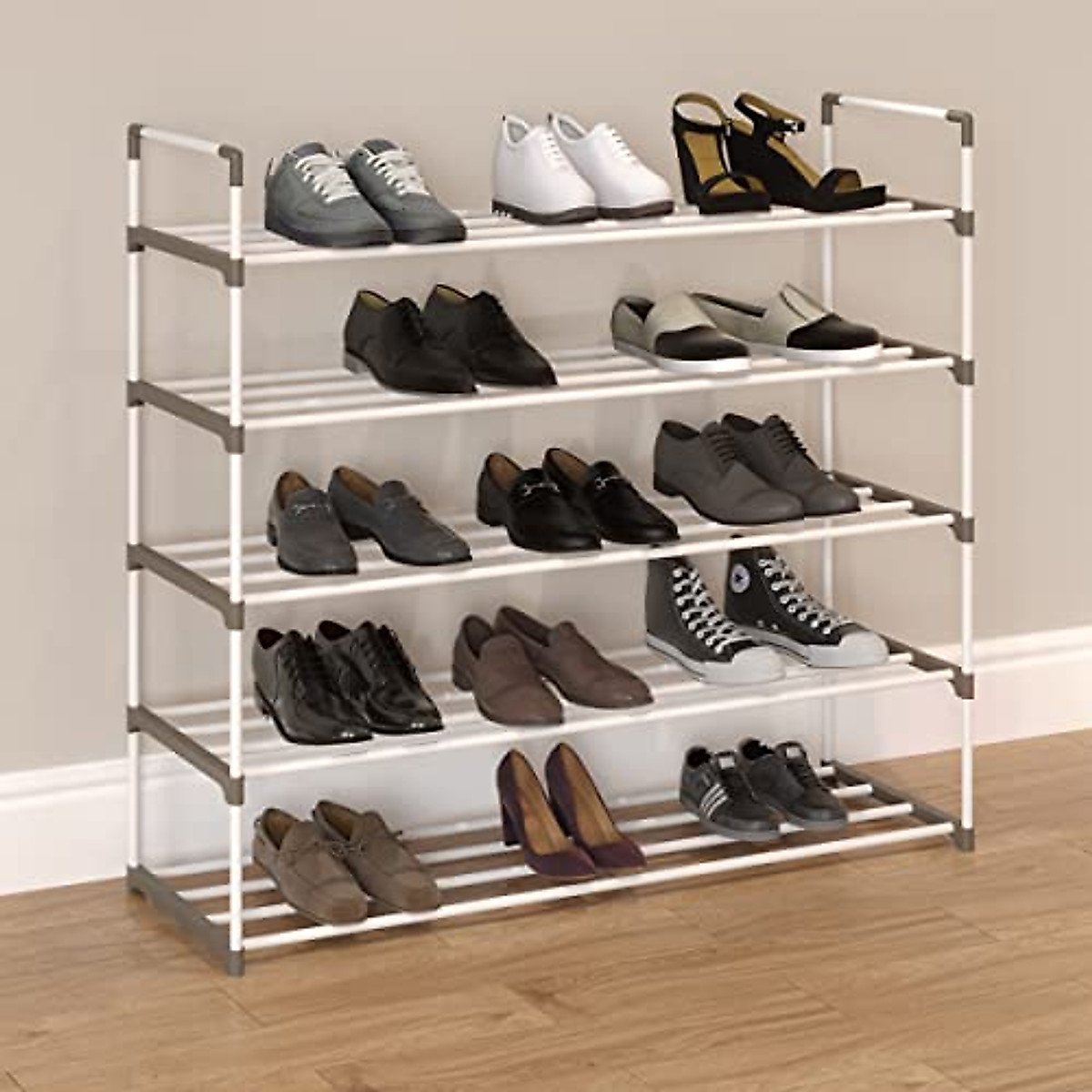 Home-Complete Shoe Rack – 5-Tier Shoe Organizer for Closet, Bathroom, Entryway – Shelf Holds 25 Pairs of Sneakers, Heels, and Boots (White)
