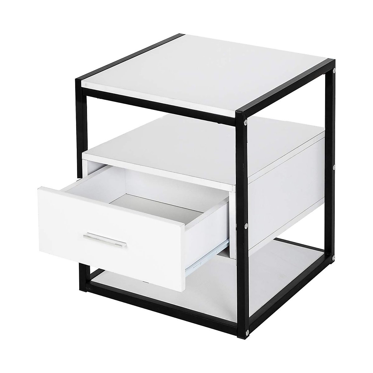 Nightstand Set of 1 with Drawer Modern Square End Side Table for Storage, Open Shelf in Bedroom, Living Room, Small Space, Stable Metal Frame, White