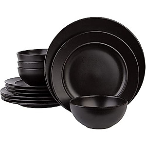 12 Piece Dinnerware Set By Glavers Service For 4, Round Black Matte Dishes – High-End Portuguese Quality Stoneware Set – Includes 4 Dinner Plates 4 Salad Plates, And 4 Bowls Dishwasher Microwave safe.